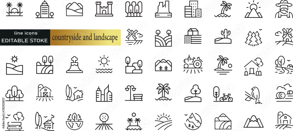 Line icons about countryside and landscape. Thin line icon set. Symbol ...