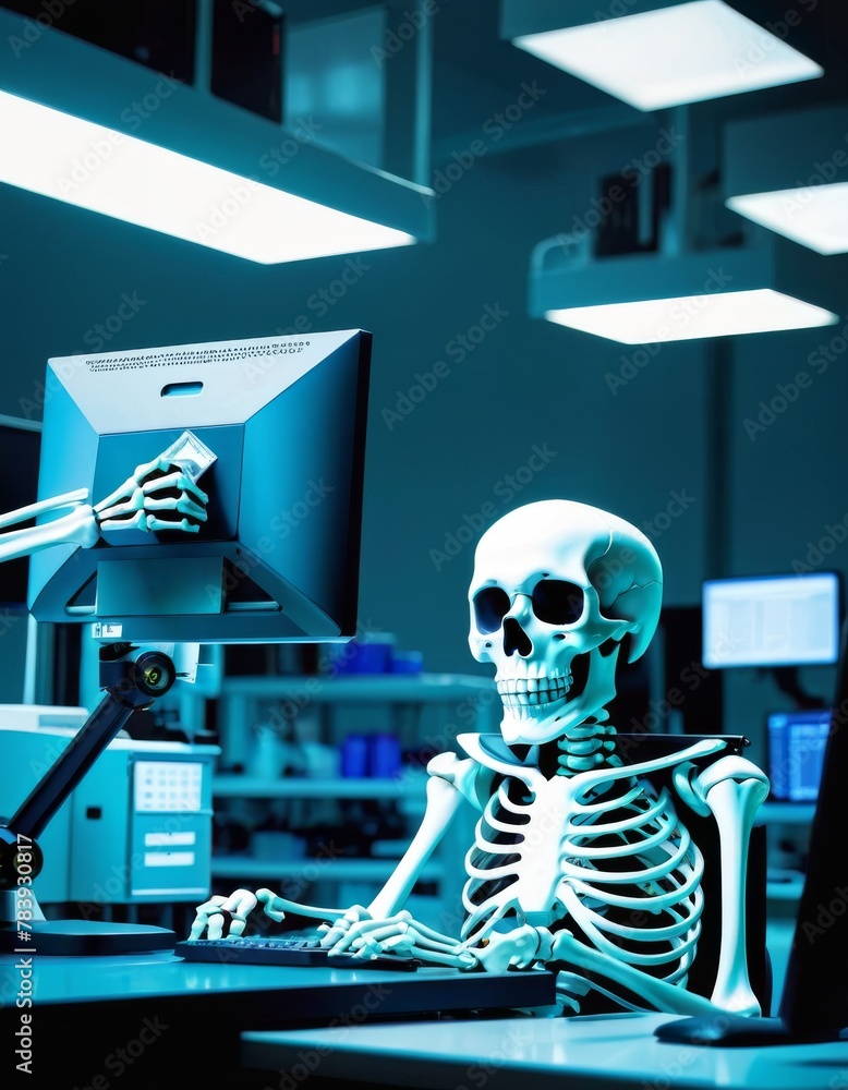 A human skeleton sitting at a modern office desk, humorously depicted as if typing on a computer ...