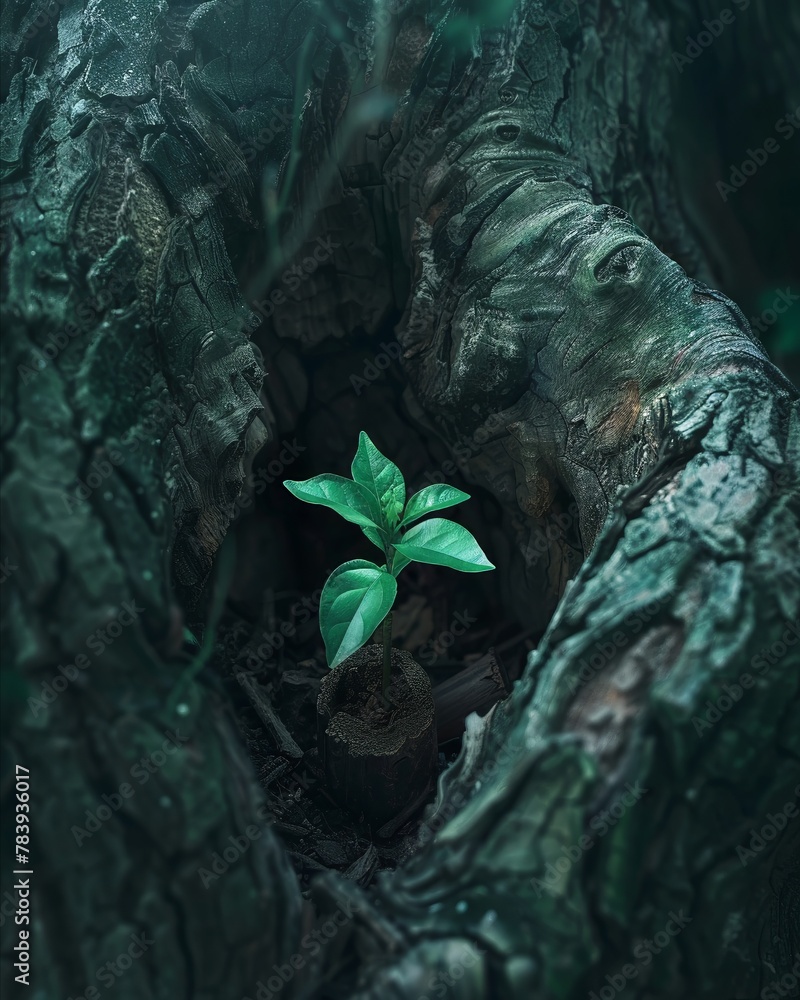 The force of life illustrated by a young plant growing in a dead trunk ...