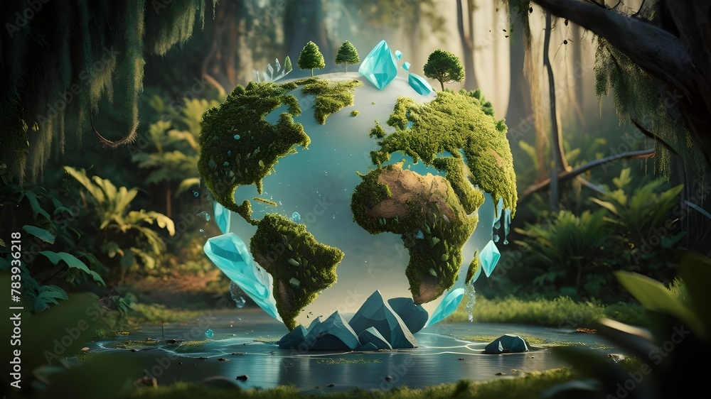 Earth globe made from water and moss the earth in the forest background ...