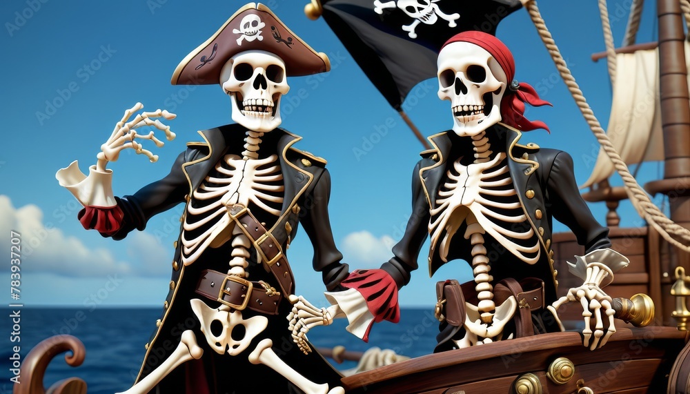 Two animated skeleton pirates in traditional garb cheerfully pose on a ...