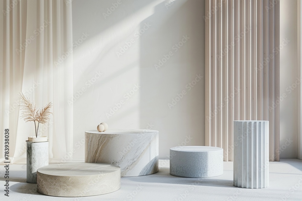 Product mock-up array in studio, minimalist approach, various podium ...