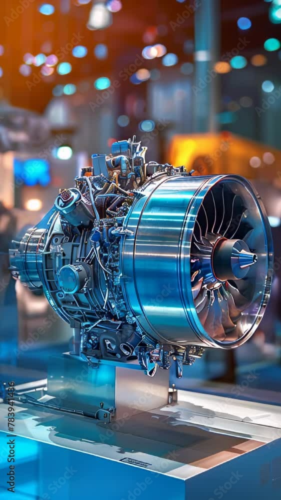 A large jet engine is on display in a museum. The engine is surrounded ...