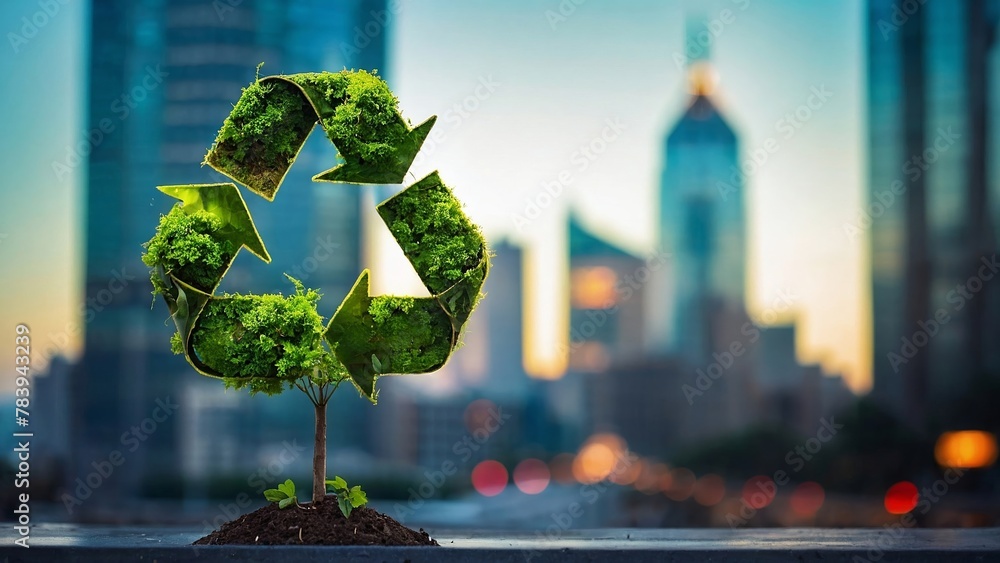 Recycle sign tree up close against blurred city street backdrop with ...