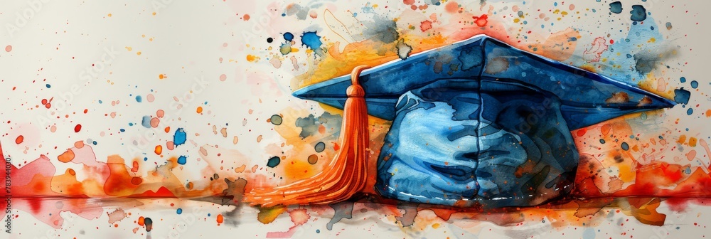 Banner with graduation cap and watercolor splashes, illustration Stock ...