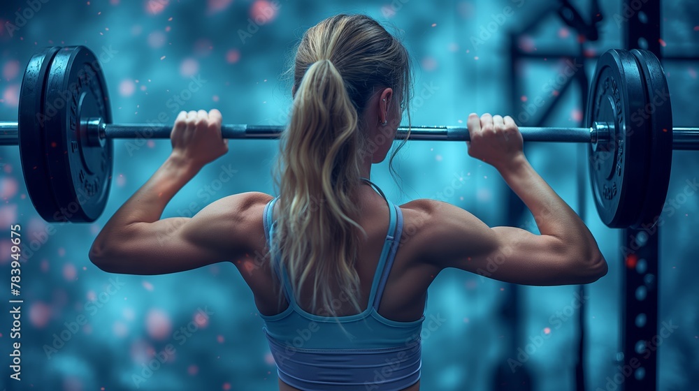 beautiful Young woman lifting weights in gym wide-angel full body shot ...