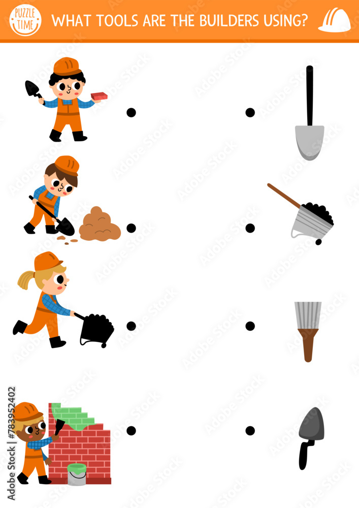 Construction site shadow matching activity with builders and tools ...