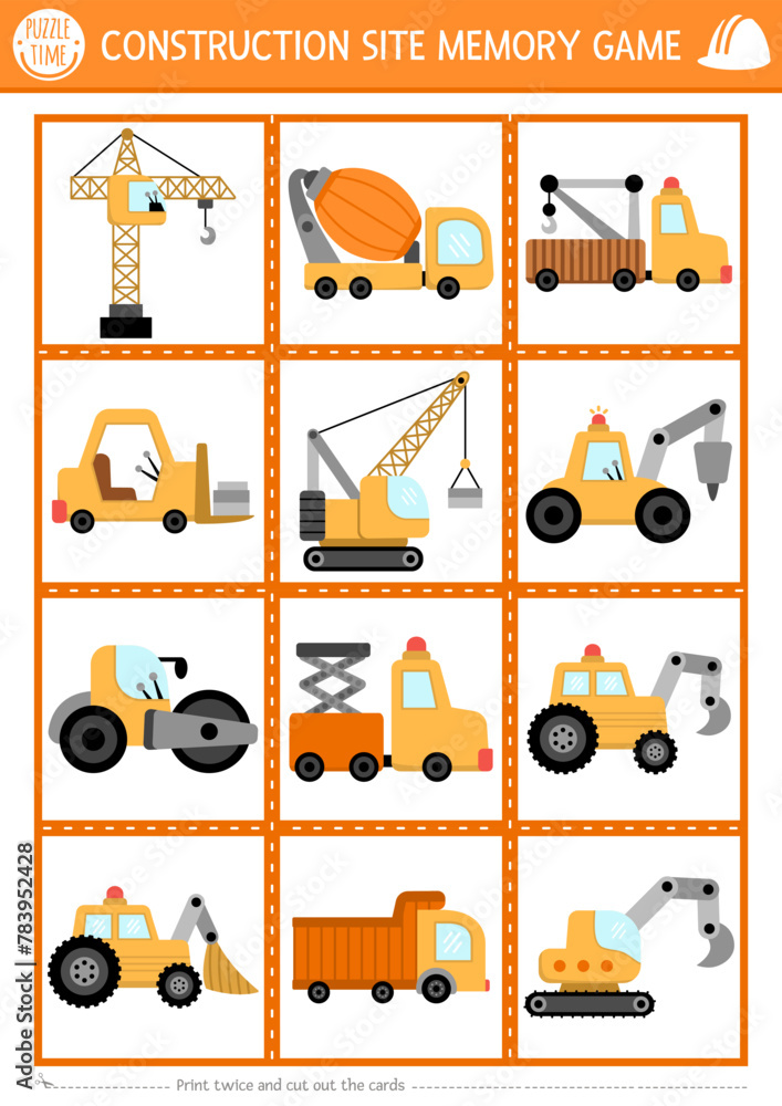 Vector construction site memory game cards with cute special technics ...