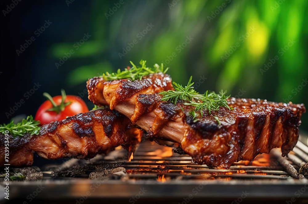 ditailed pork ribs grilled with BBQ on flame , smoke, meat texture ...