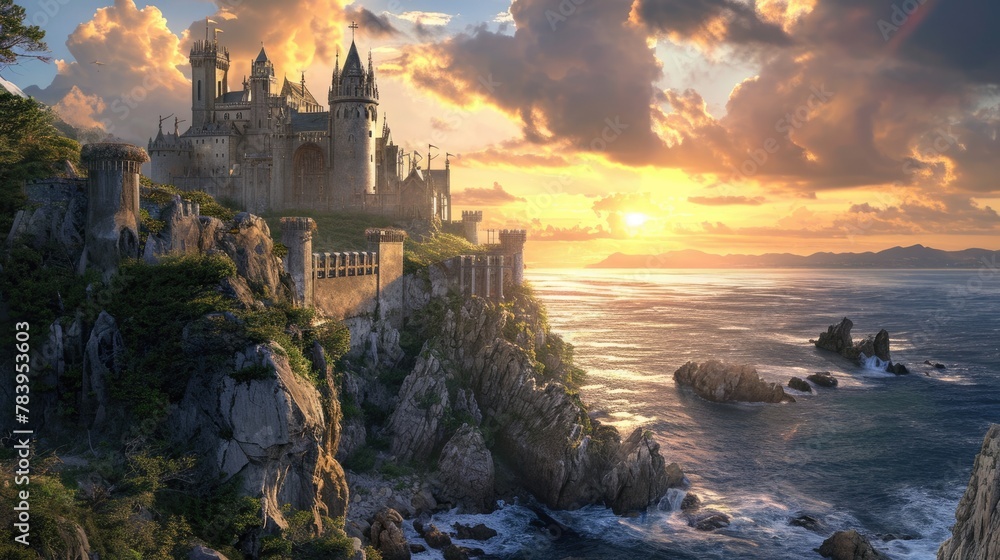 A medieval castle on a cliff overlooking the ocean, with knights and ...