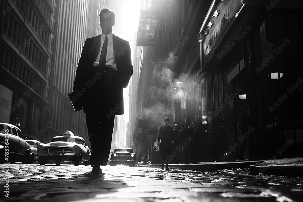 Foto de Silhouetted businessman walking on busy city street in vintage ...