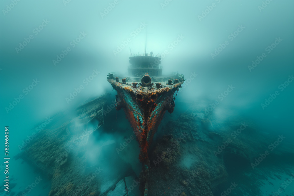 A submarine exploring the wreckage of a sunken battleship from World ...