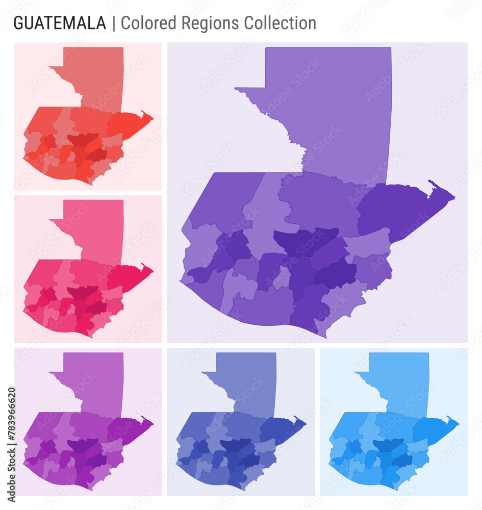 Guatemala map collection. Country shape with colored regions. Deep ...