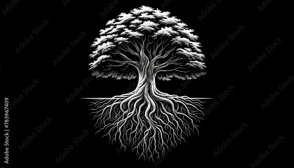 Black and white illustration of a symmetric tree with detailed branches ...