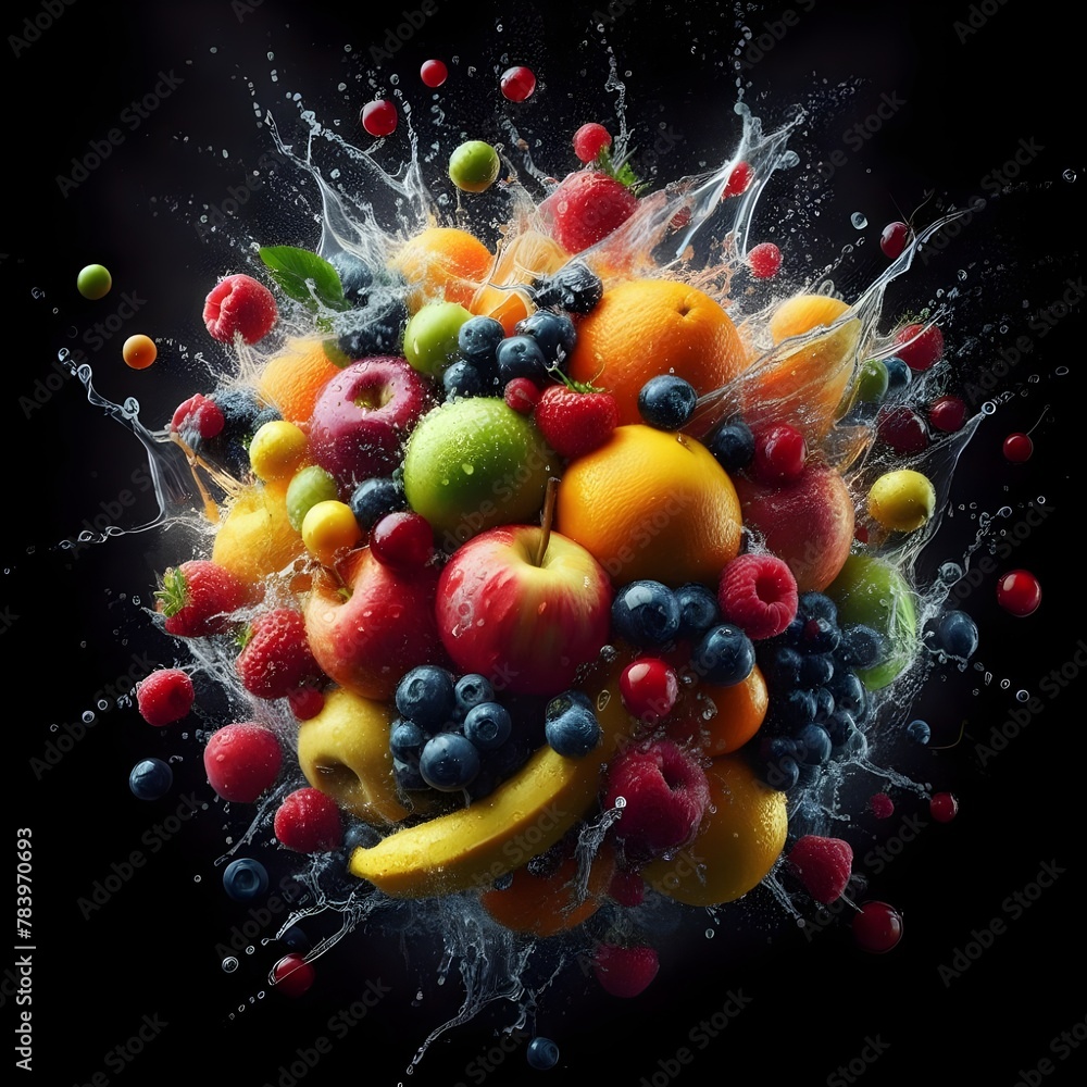 Fresh Fruit splash and submerge under water, summer fruits, A colorful splash of fruit and water ...