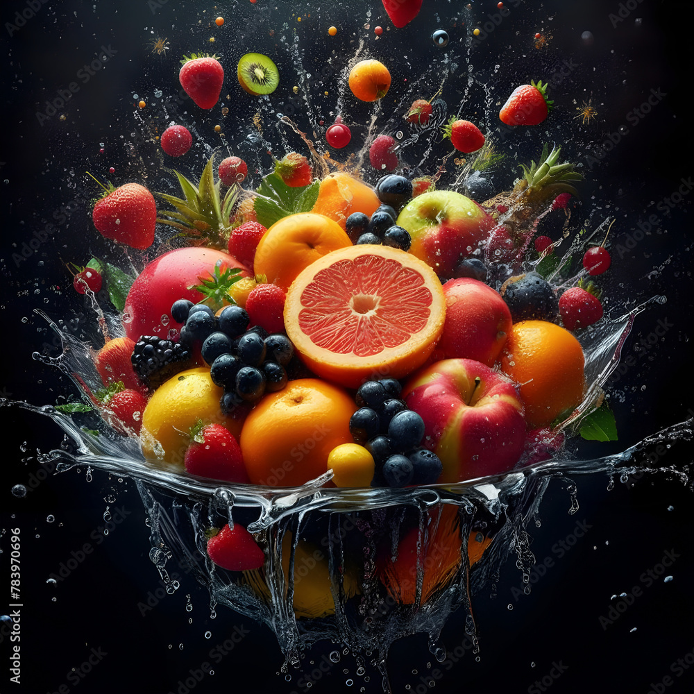 Fresh Fruit splash and submerge under water, summer fruits, A colorful splash of fruit and water ...
