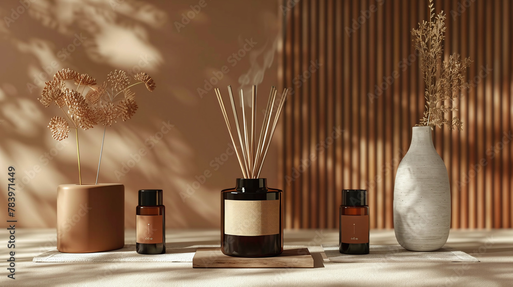 beautiful minimalist set of aromatic scents bottles with wood sticks on ...