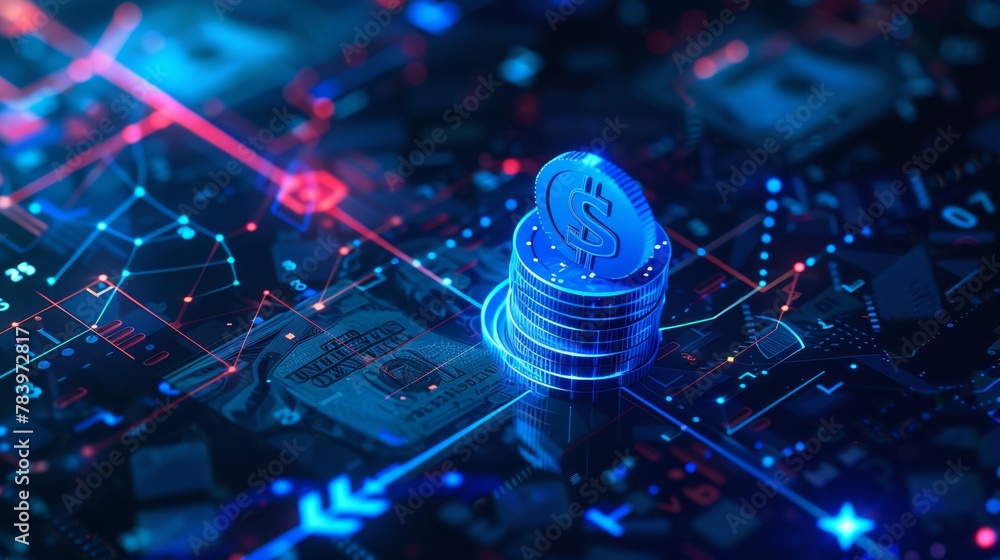 Increase Revenue Concept. Light Blue Dollar Coin and Money Stack with ...