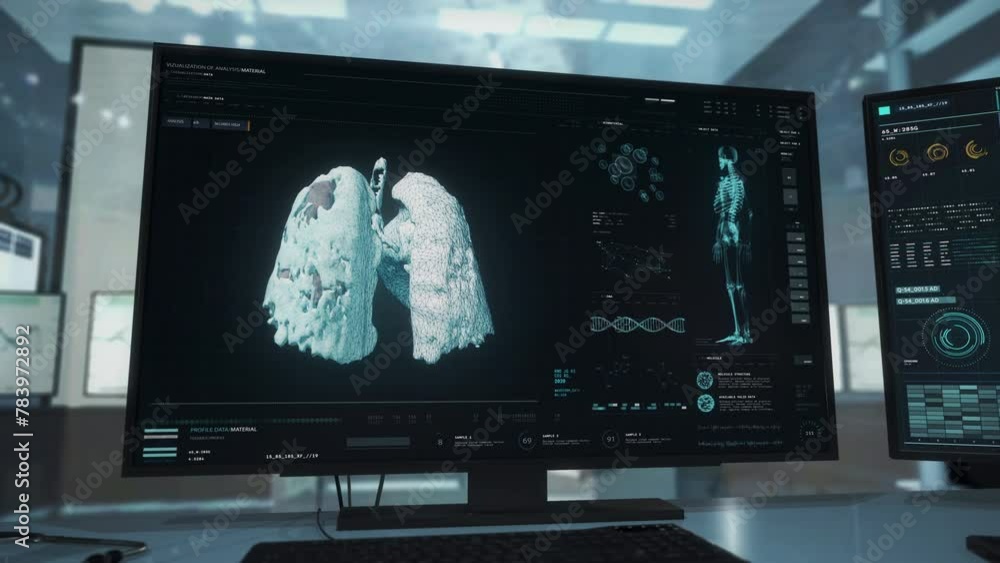 Futuristic hospital x-ray system is scanning the patients lungs ...