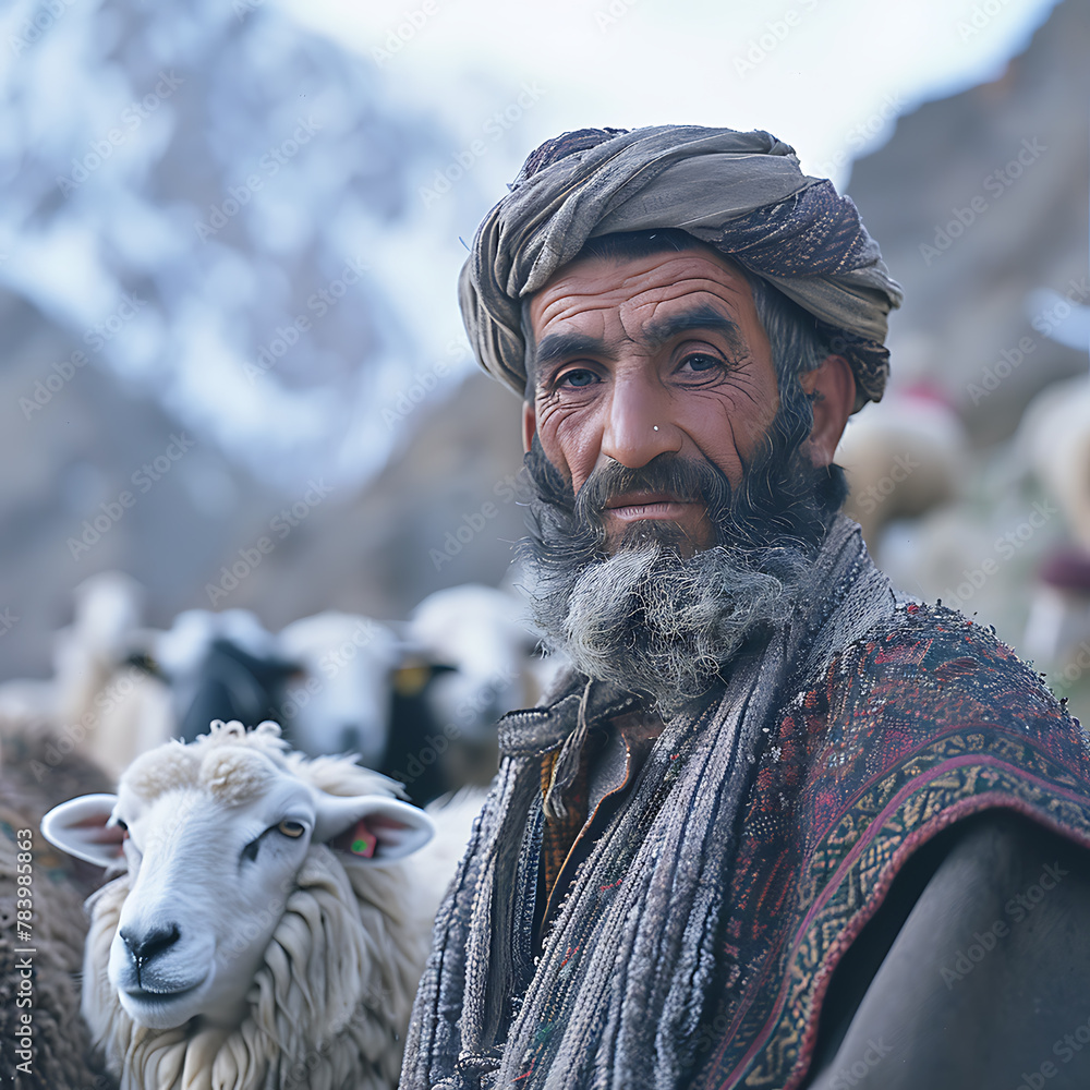 Bearded Afghan shepherd stands confidently in front of large herd of ...
