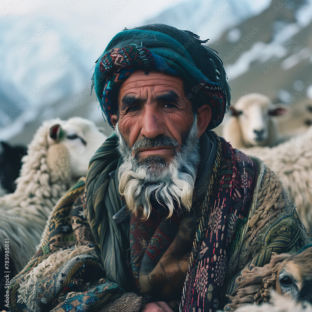 Bearded Afghan shepherd stands confidently in front of large herd of ...