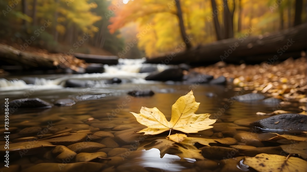 One golden leaf falls onto a water creek during the fall season. Stock ...