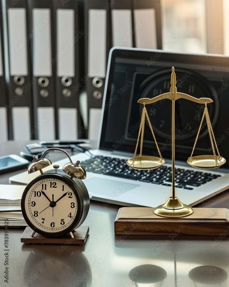 Busy desk scene with a laptop, clock, and balancing scales ...