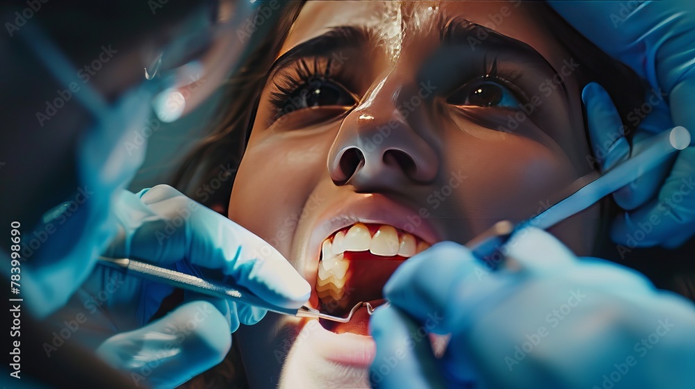 A dentist wearing gloves and not showing their face uses a dental tool ...