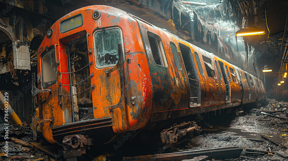 Burnt-out subway train in a dimly lit underground tunnel. The train ...
