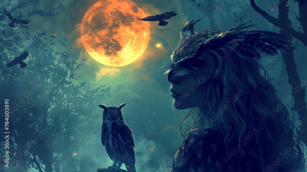 Witch with an owl mask under a full moon with enigmatic owl. Mysterious ...