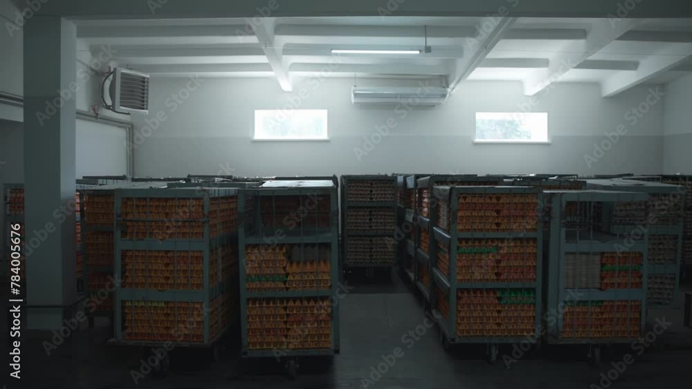 Huge warehouse storage for keeping the freshly produced bird eggs ...