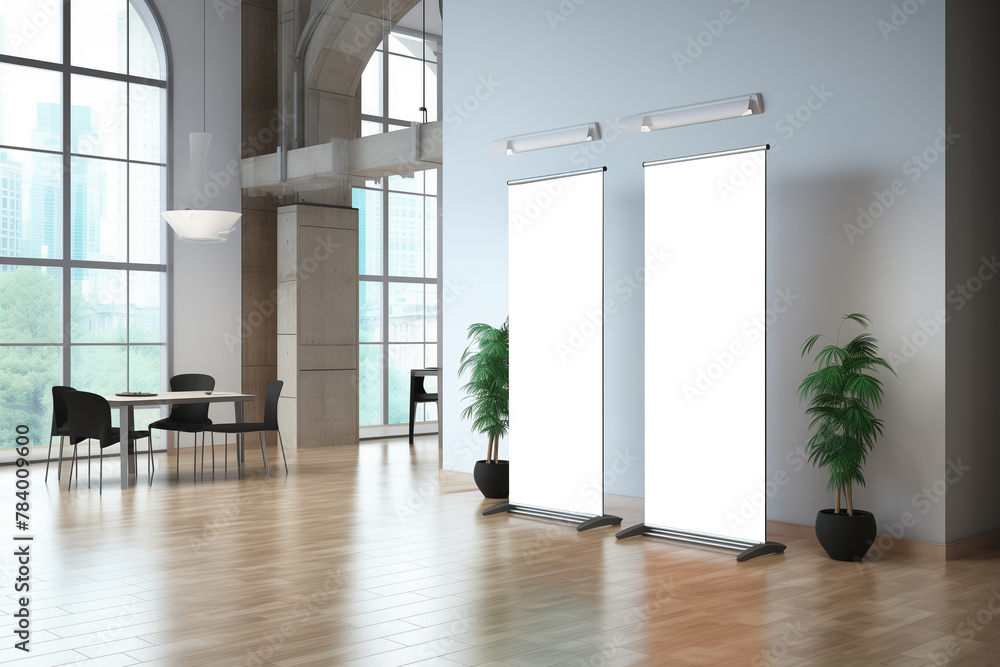 mockup of two roll-up empty white standee banner in modern light office ...