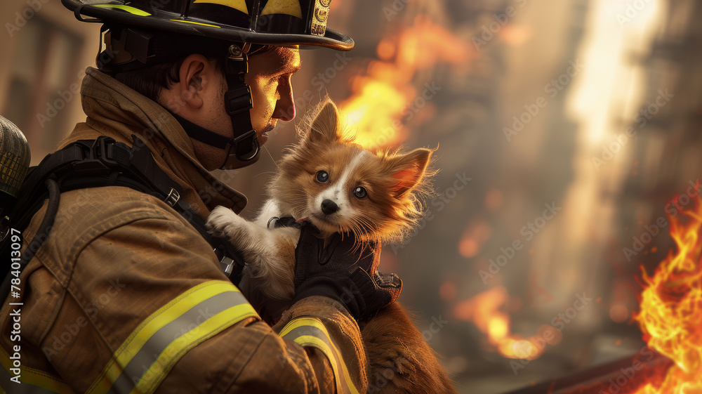 A firefighter is holding a small dog in his arms. The dog is brown and ...
