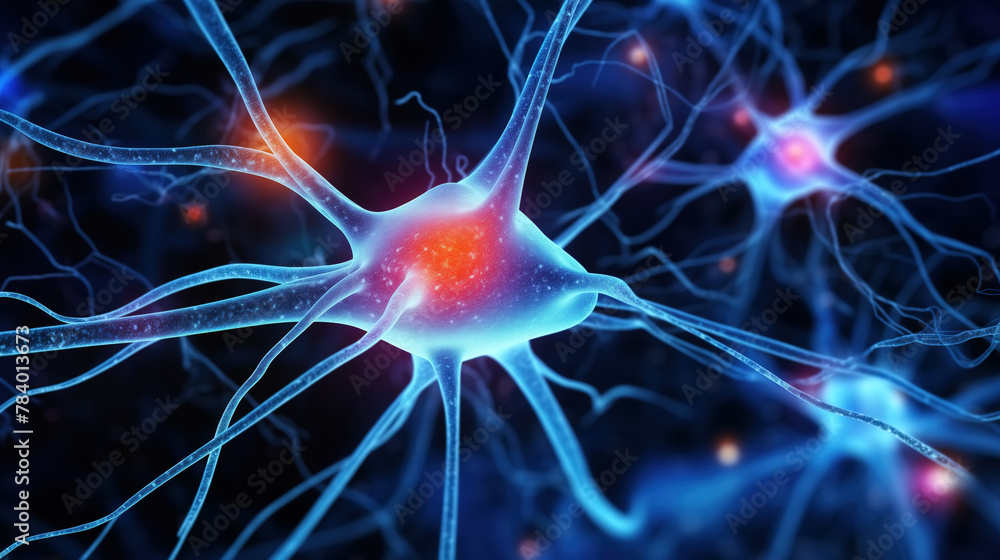 Close-up of activated glowing brain neurons. Neurons firing in the ...