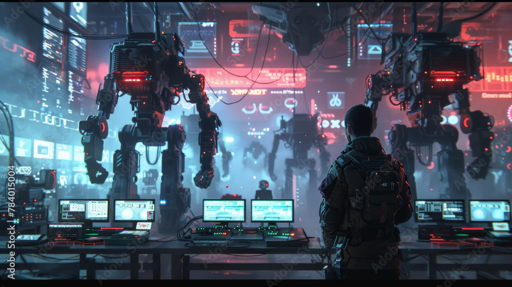 A man is standing in front of a row of robots. The robots are all ...