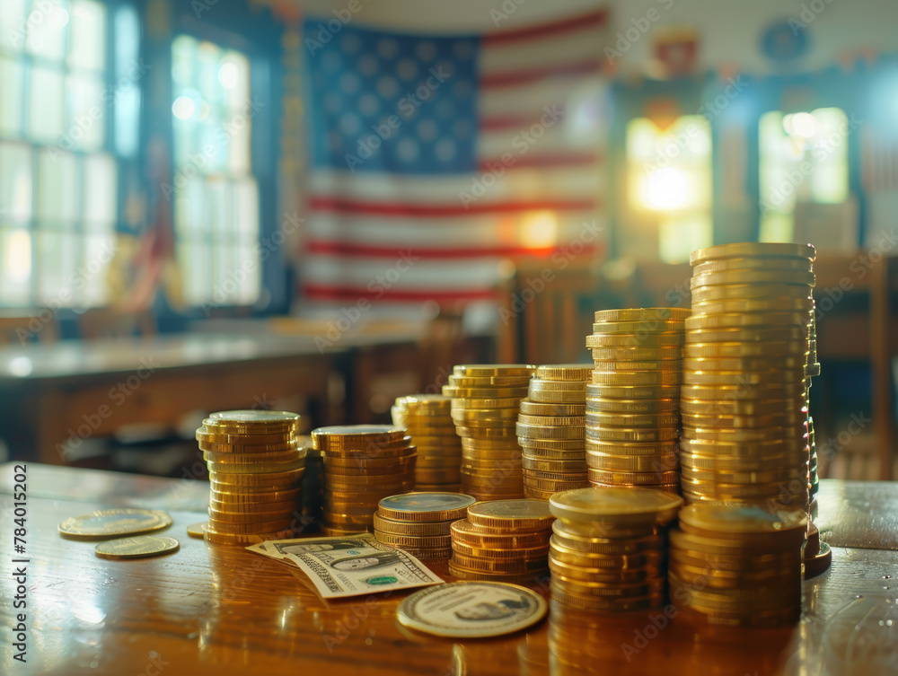 A pile of gold coins and a stack of dollar bills sit on a table. The ...