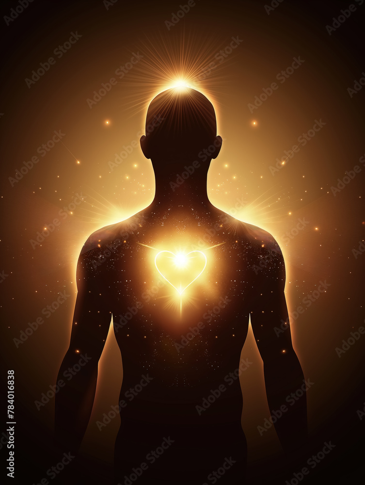 Silhouette of a man with golden energy in the heart and crown chakra ...