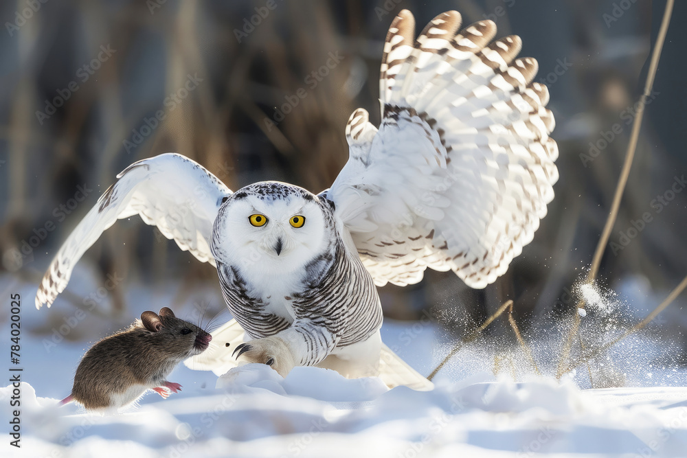 A white owl is chasing a small mouse in the snow. The scene is tense ...