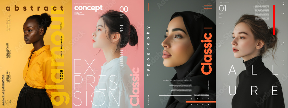 A collection of four stylish typographic posters with portraits of ...