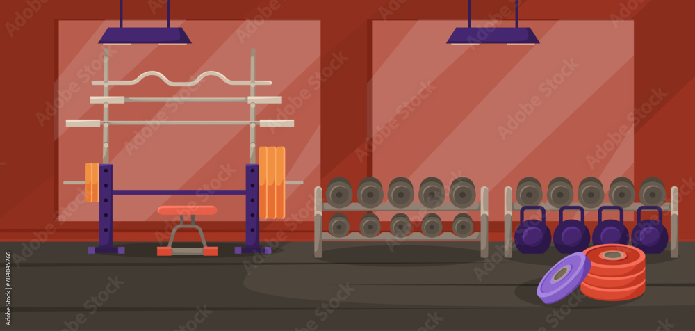 Empty gym interior with mirror, red walls, two lamps, panoramic window ...