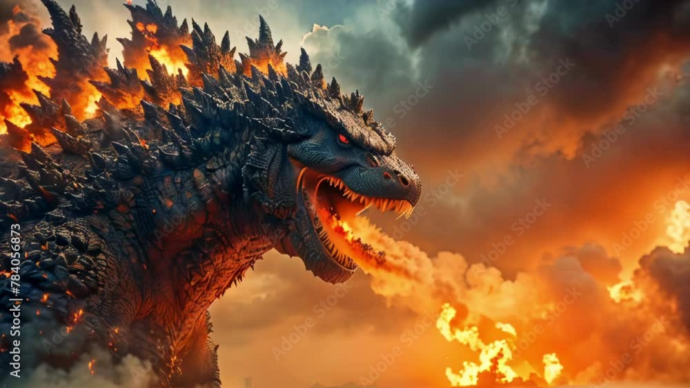 Huge godzilla shooting fire from his mouth. Game art style animation ...