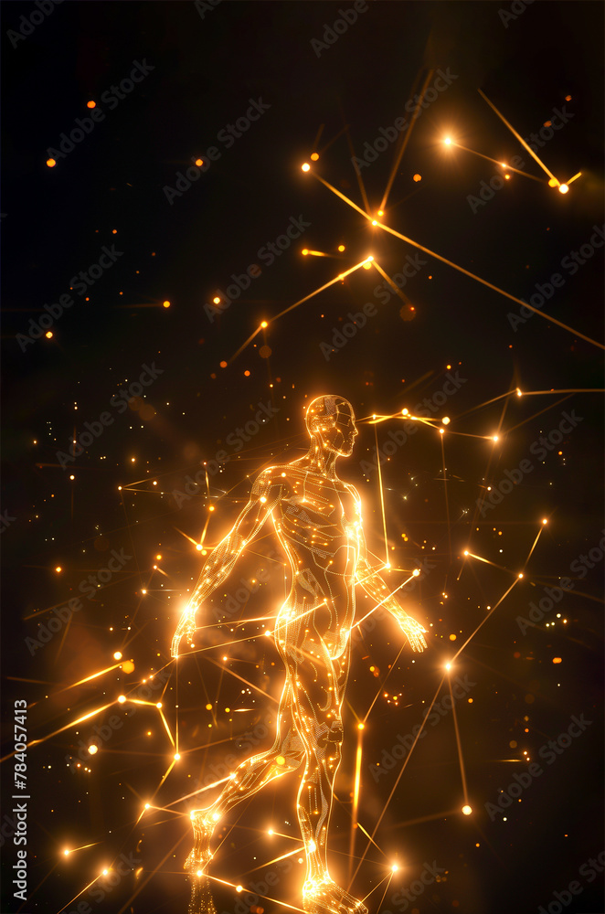 3D Man Hologram, Gold Glow Wireframe In Shape Of Human. Health, Science ...