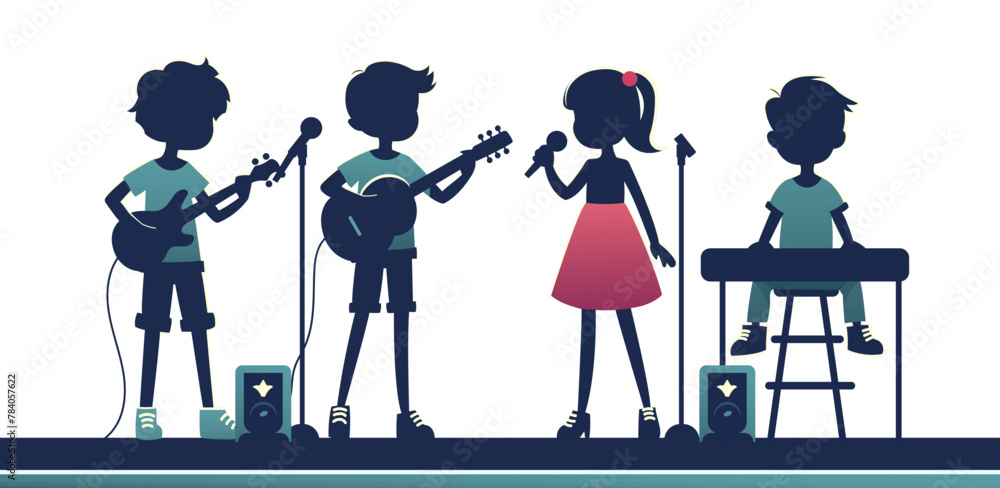 Silhouetted children band performing with guitars, a microphone, and ...