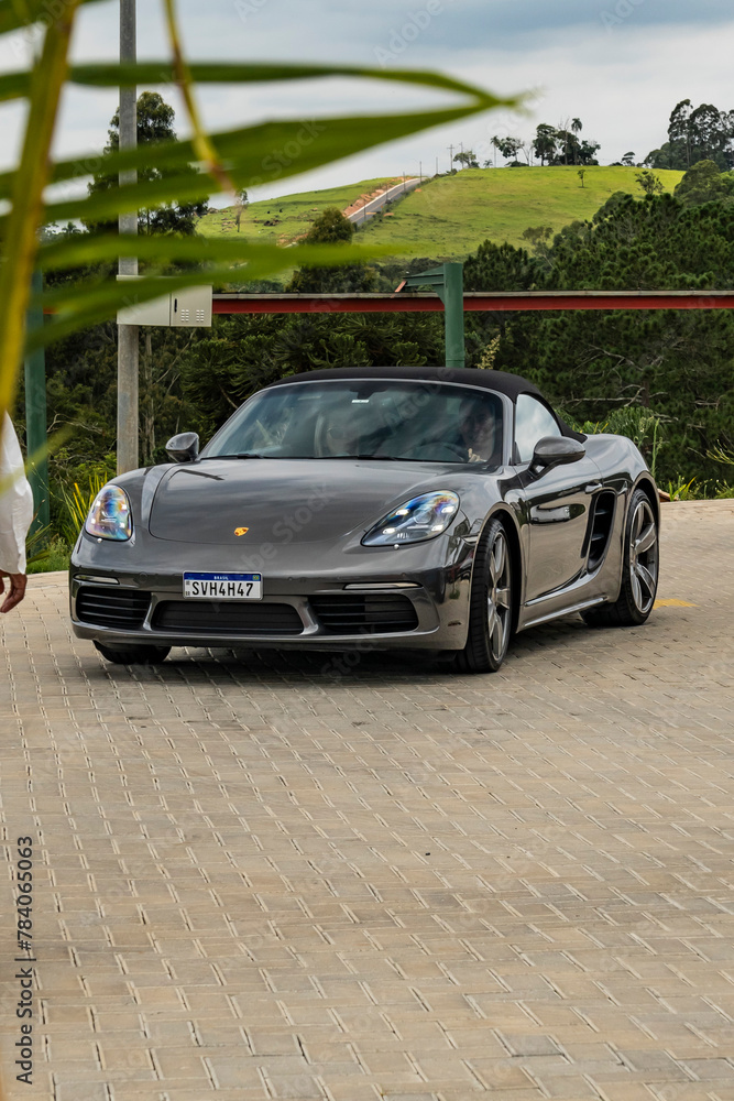 Grey Porsche 718 Boxster front view three quarters in car meet, forest ...