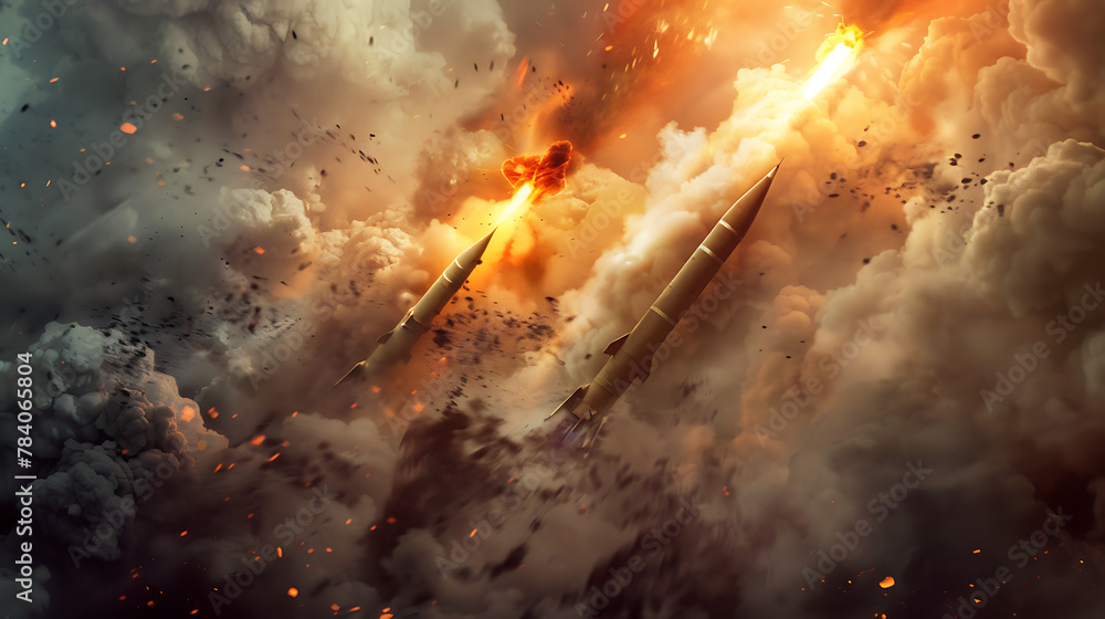 a dramatic scene of two missile launchers firing missiles. The ...