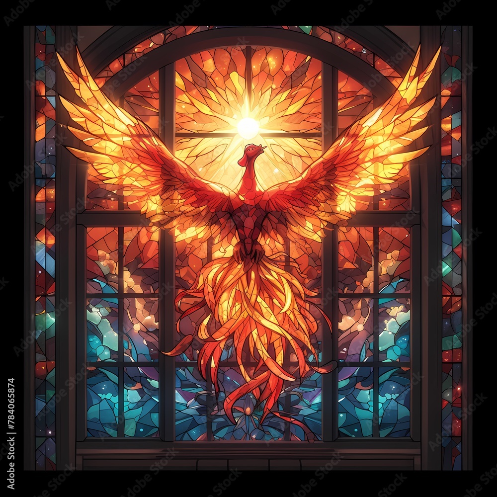 Elegant Stained Glass Window of the Mythical Phoenix Rising from Ashes ...