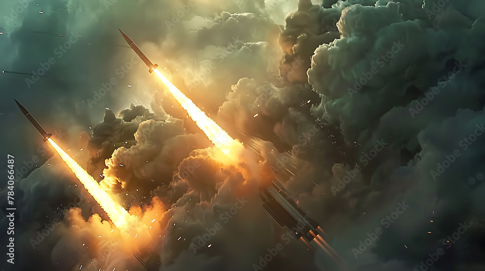a dramatic scene of two missile launchers firing missiles. The ...