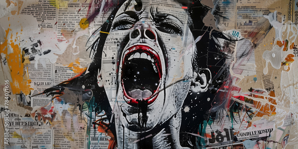 A visual narrative of graffiti, composed of fragments of old newspapers ...