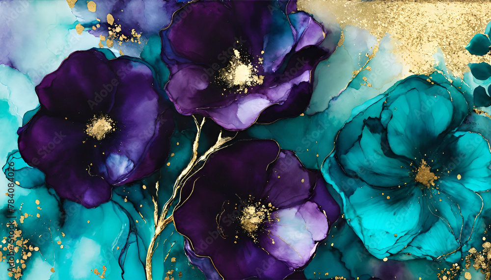 elegant purple and teal flowers alcohol ink background with gold ...