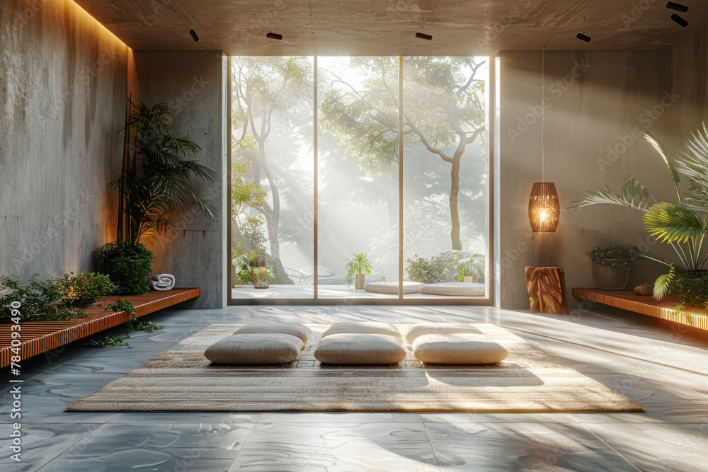 modern zen interior with natural light, concrete walls, and green ...